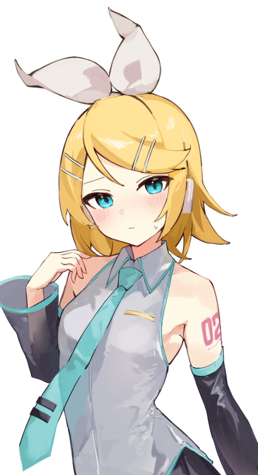 Safebooru - 1girl :/ aqua eyes aqua necktie armpits bare shoulders blonde hair blush borrowed ...