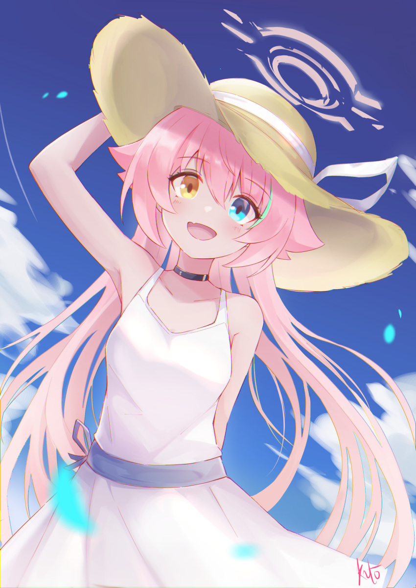 Safebooru - 1girl :d absurdres adjusting clothes adjusting headwear ahoge alternate costume arm ...