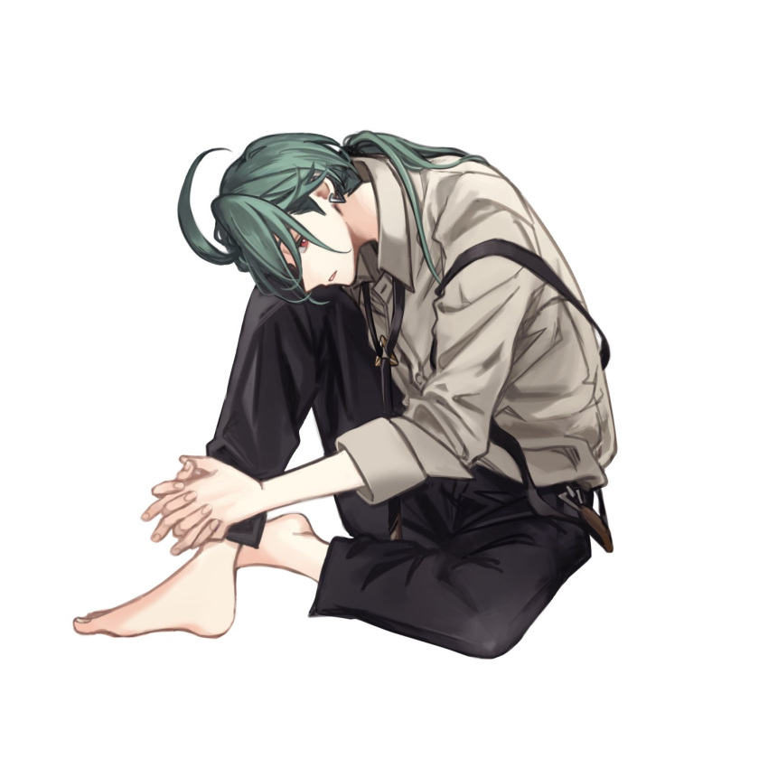 Safebooru - 1girl ahoge androgynous barefoot black necktie black pants ...
