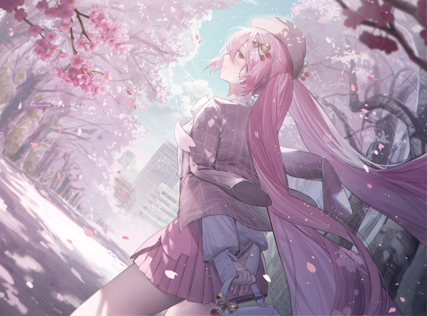 Safebooru - 1girl arl arms behind back bag beret blush building cherry ...