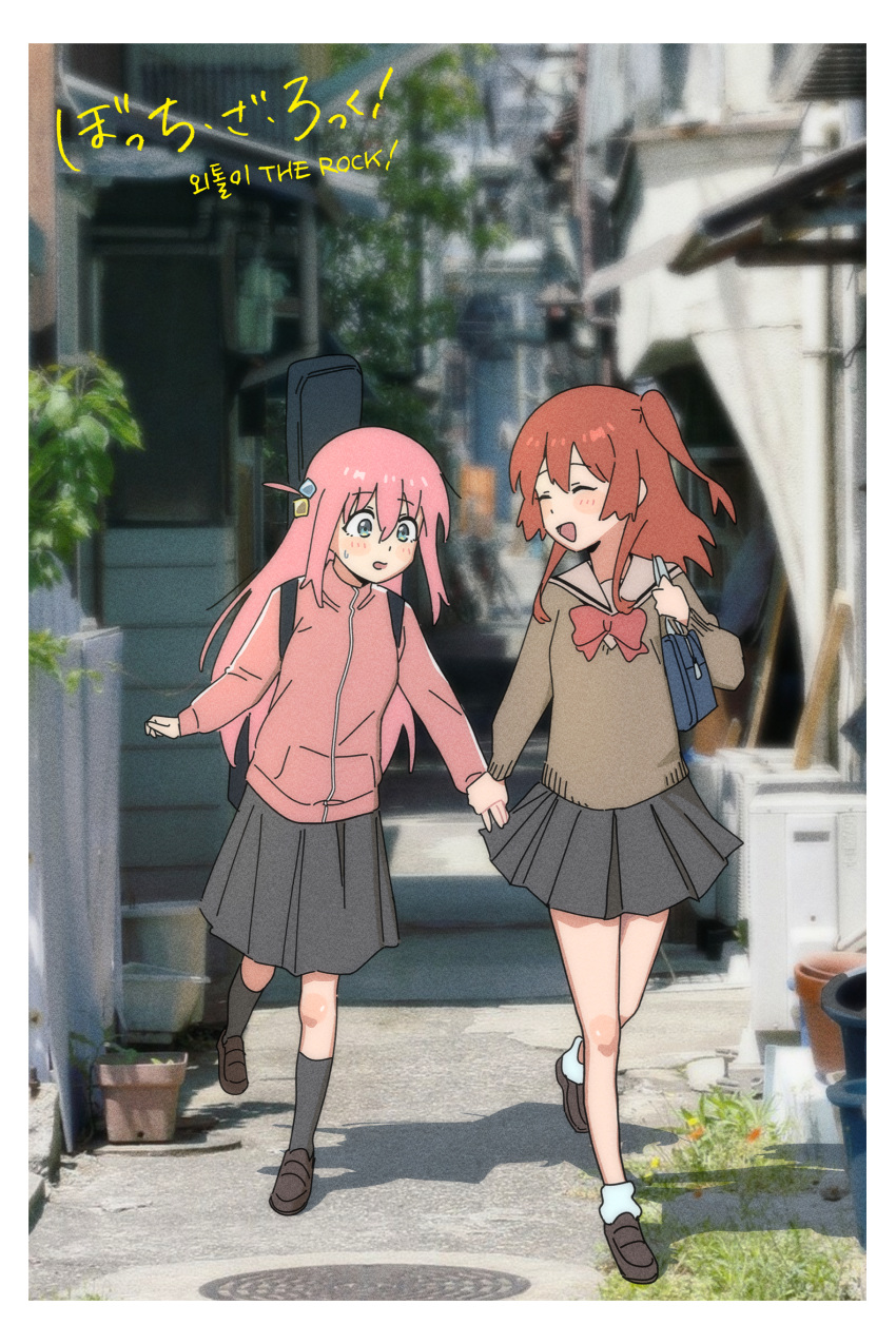 Safebooru - 2girls ^ ^ absurdres alley backpack bag bare legs black socks blue bag blue eyes ...