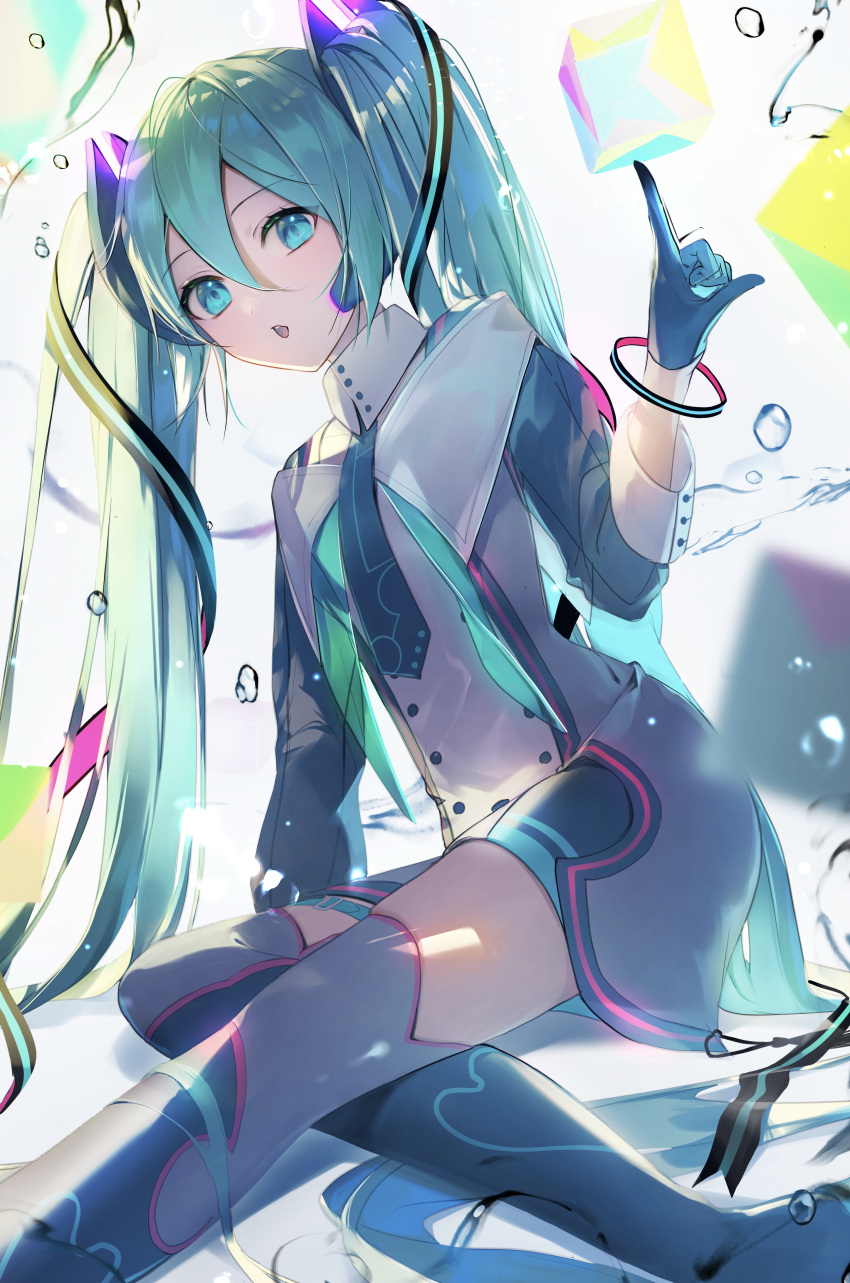 Safebooru - 1girl absurdres aqua eyes aqua hair black gloves black necktie blurry blurry ...