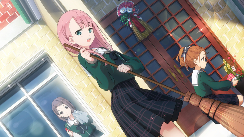 Safebooru - 22/7 22/7 ongaku no jikan 3girls black skirt bow bowtie braid broom brown eyes brown ...