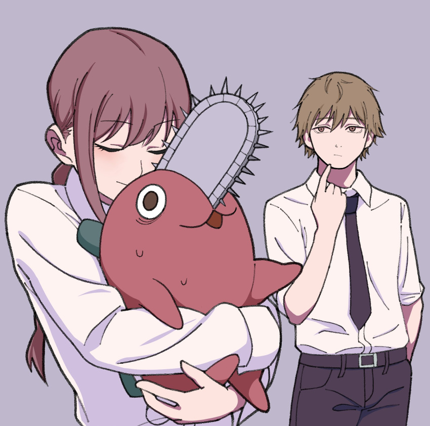 Safebooru - 1boy 1girl black necktie black pants blush braid brown eyes brown hair chainsaw man ...