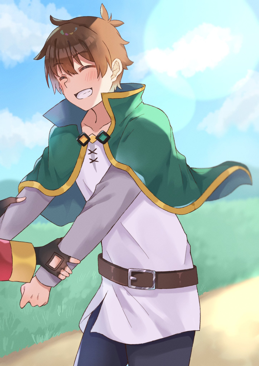 Safebooru - 1boy 1girl belt black pants blush brown belt brown hair capelet closed eyes ...