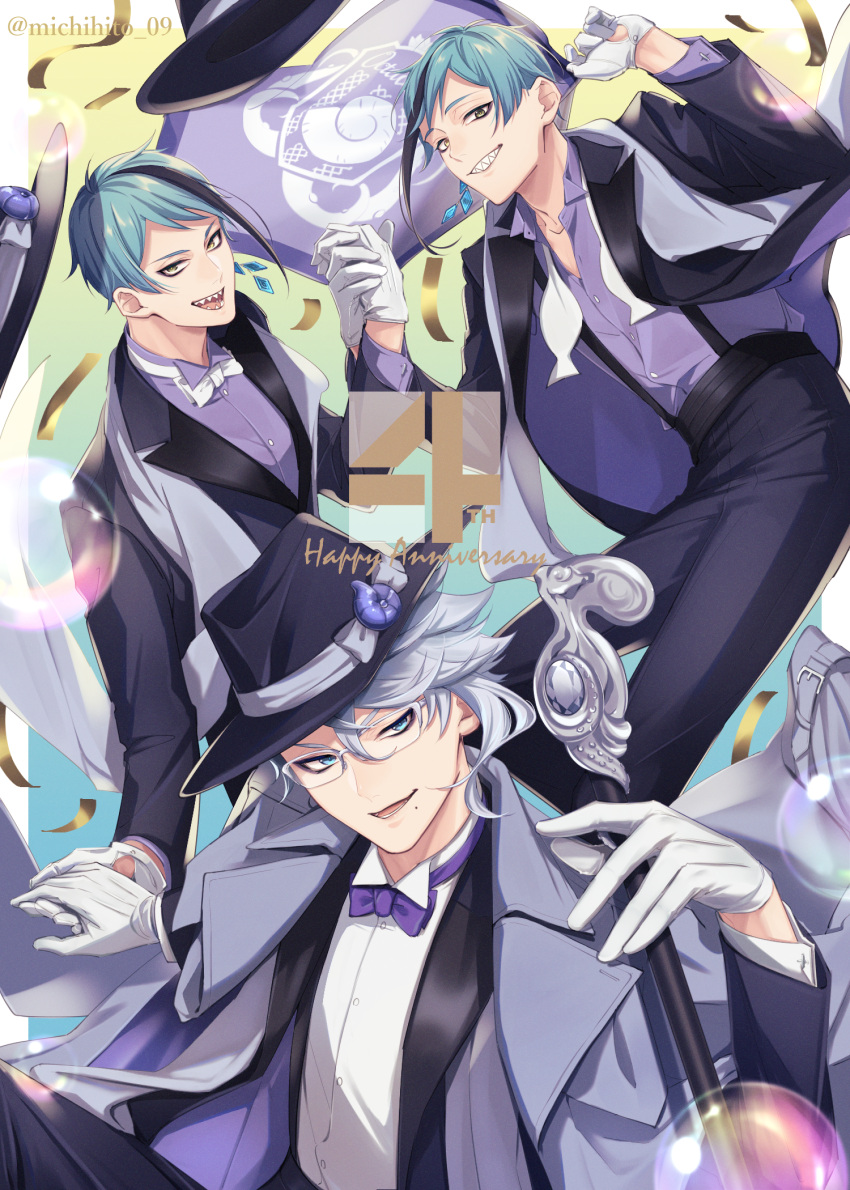 Safebooru - 3boys azul ashengrotto black suit blue eyes blue hair brothers brown eyes coat coat ...