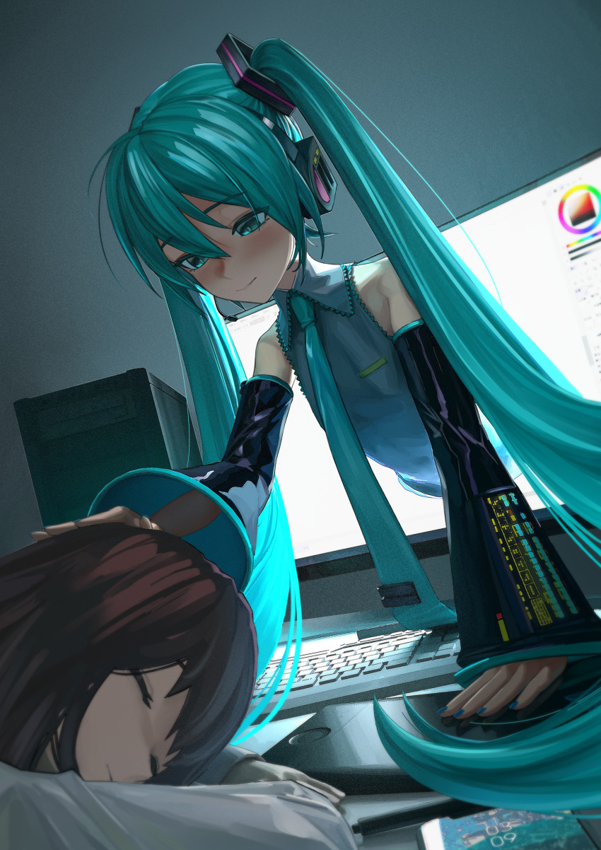 Safebooru - 2girls absurdres an yb aqua eyes aqua hair aqua nails aqua necktie bare shoulders ...