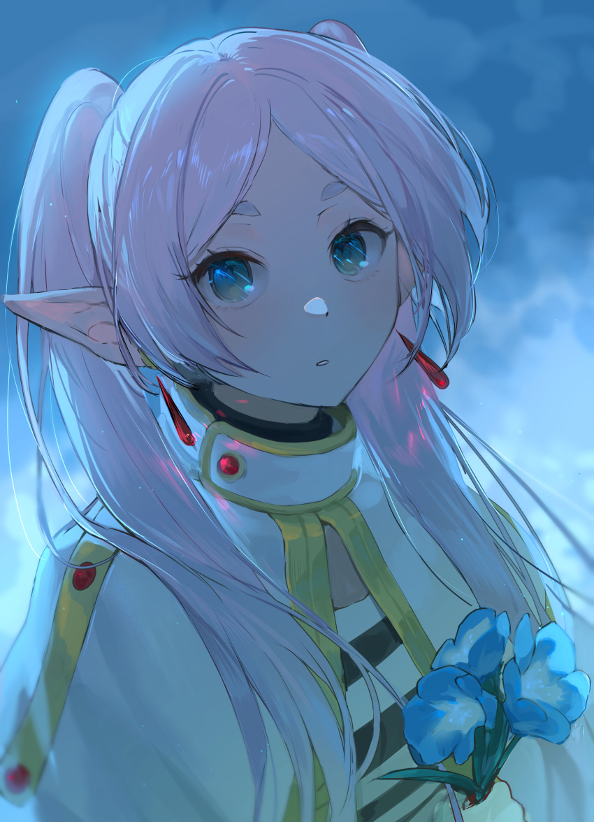 Safebooru - 1girl absurdres aqua eyes earrings elf flower frieren highres jewelry long hair ...