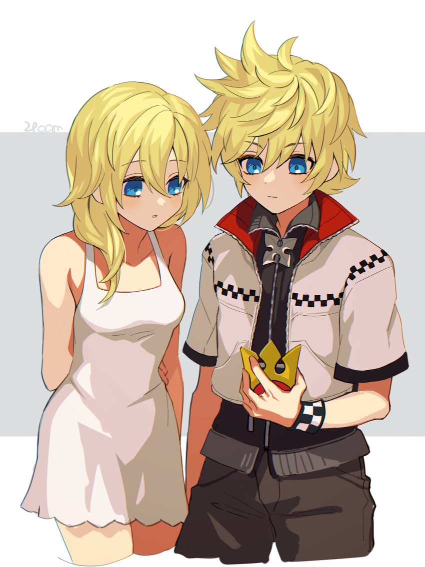 Safebooru - 1boy 1girl absurdres arm behind back bare shoulders black pants blonde hair blue ...