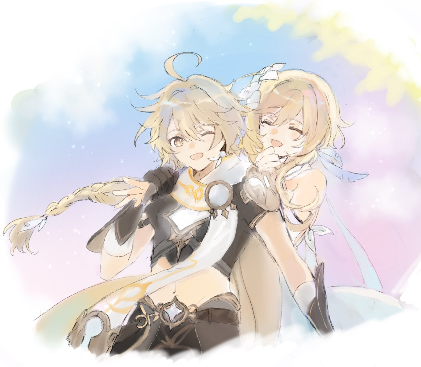 Safebooru - 1boy 1girl aether (genshin impact) ahoge blonde hair braid brother and sister brown ...
