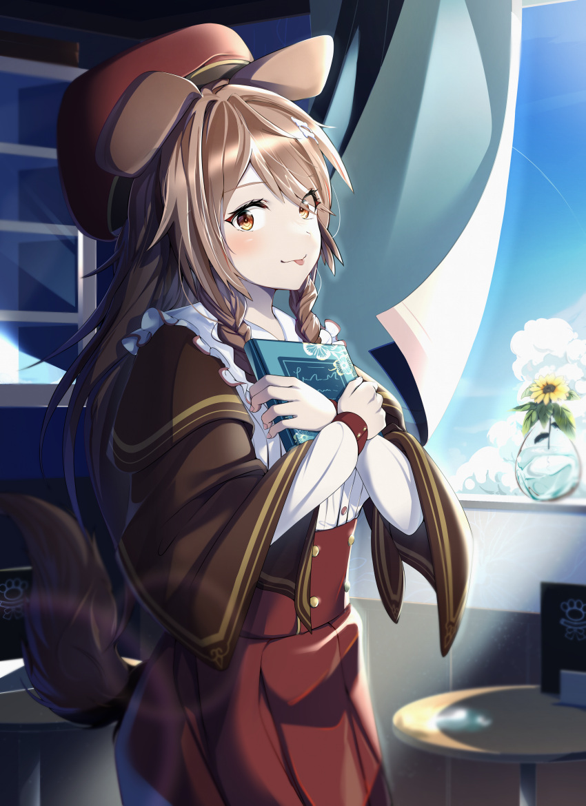 Safebooru - 1girl absurdres animal ears beret blue sky book brown capelet brown eyes brown hair ...