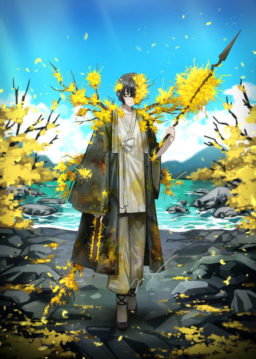 Safebooru - 1boy akantai black footwear black hair clouds coat e.g.o ...