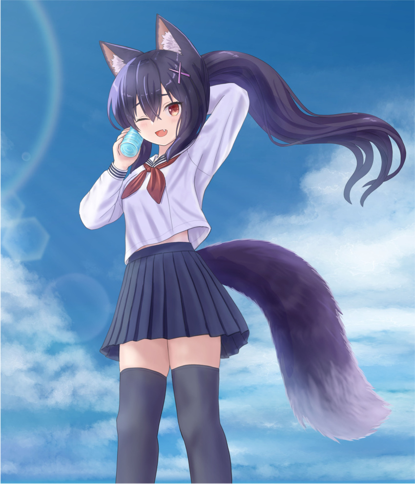 Safebooru - 1girl ;d absurdres animal ear fluff animal ears arm behind head arm up black hair ...