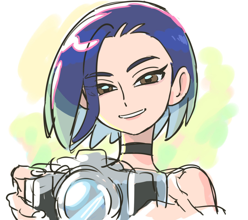 Safebooru - 1girl 314pic black choker blue hair brown eyes camera choker commentary green ...