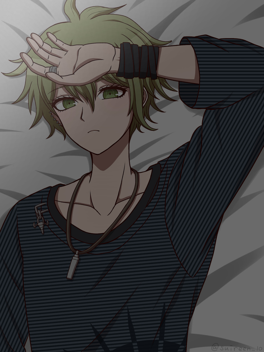 Safebooru - 1boy ahoge amami rantaro arm up bed sheet bracelet ...
