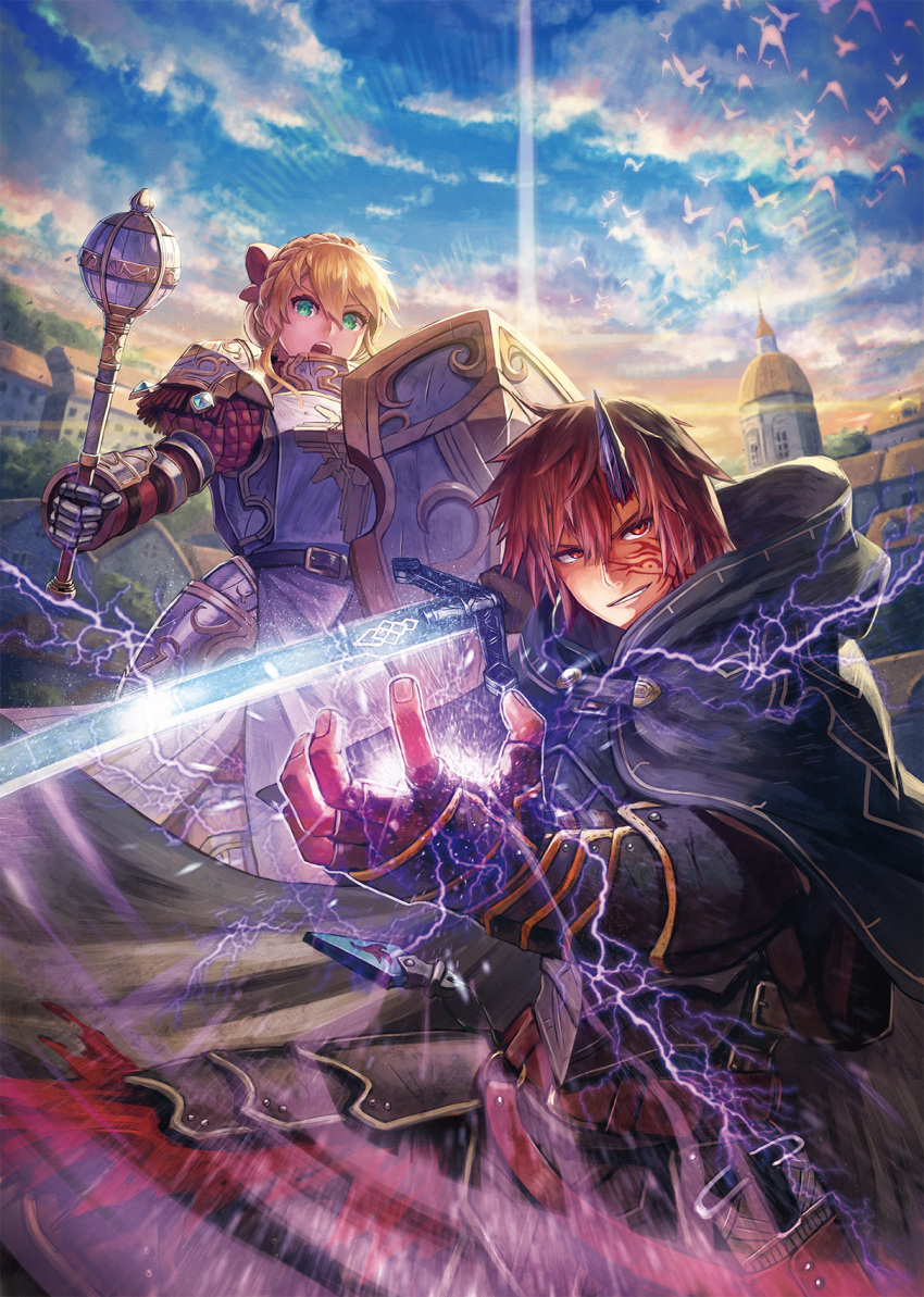 Safebooru - 1boy 1girl armor belt bird black cloak blonde hair blue eyes bow brown eyes brown ...