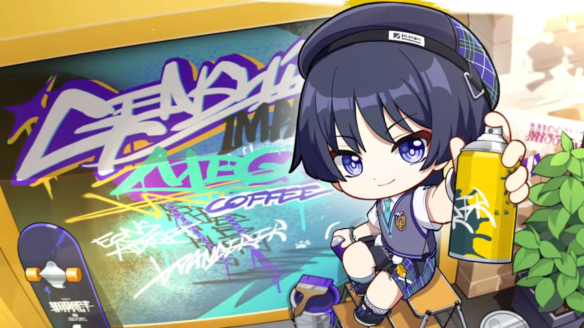 Safebooru - 1boy arm at side arm up armband beret black footwear blurry ...