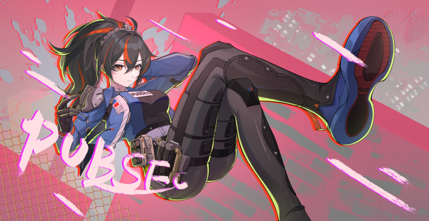 Safebooru - 1girl arm up black gloves black hair black pants blue footwear blue jacket breasts ...