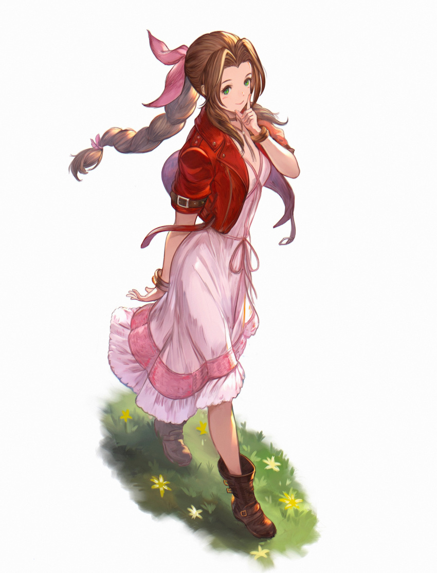 Safebooru - 1girl absurdres aerith gainsborough arm behind back bangle boots bracelet braid ...
