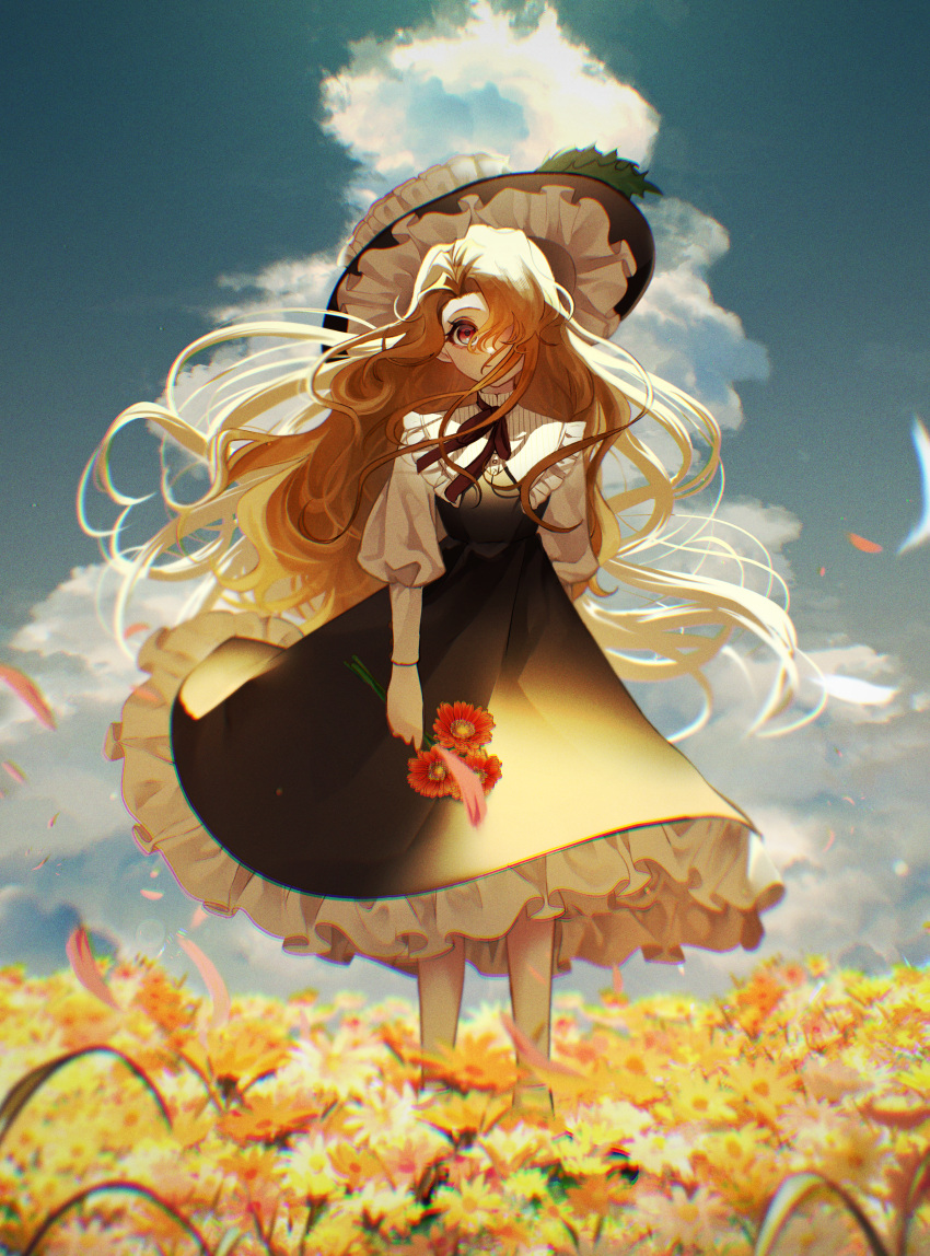 Safebooru - 1girl absurdres black dress black hair blonde hair clouds ...