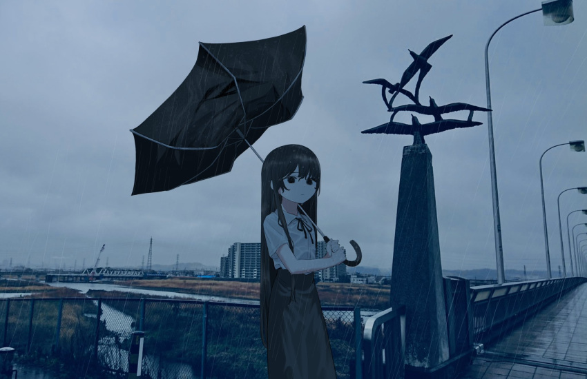 Safebooru - 1girl bird black dress black eyes black hair black ribbon black umbrella blue sky ...