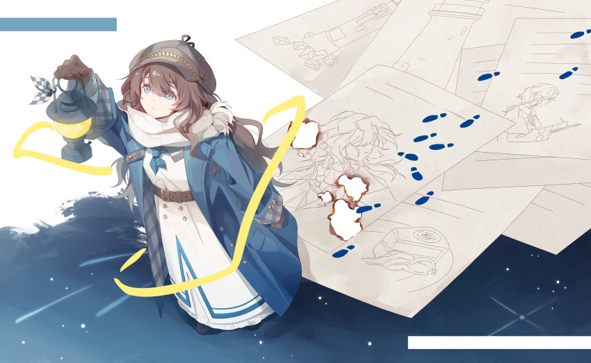 Safebooru - 1girl absurdres arm up belt blue background blue coat blue eyes brown belt brown ...