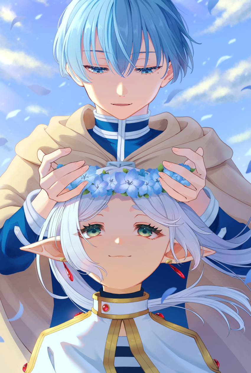 Safebooru - 1boy 1girl absurdres bishounen blue eyes blue flower blue hair capelet cloak closed ...