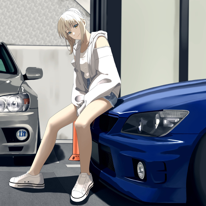 Safebooru - 1girl absurdres blonde hair blue shorts car closed mouth clothing cutout commentary ...