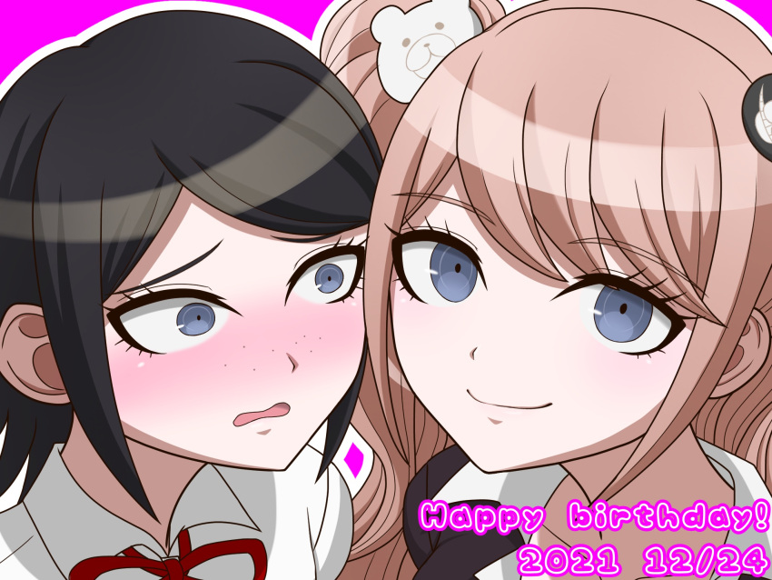 Safebooru - 2girls bear hair ornament black hair blonde hair blush ...