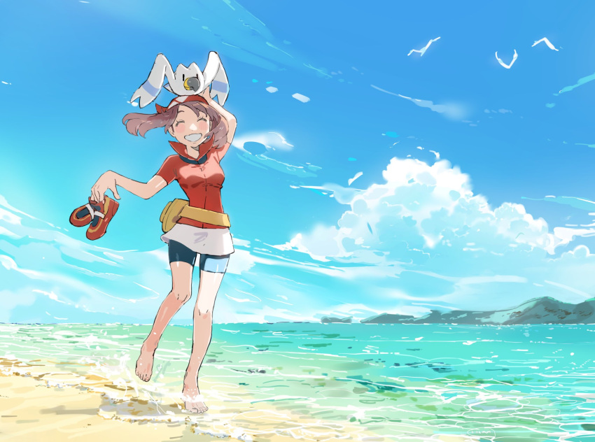 Safebooru - 1girl aisutabetao arm up bandana barefoot beach belt bag bike shorts bird blue sky ...