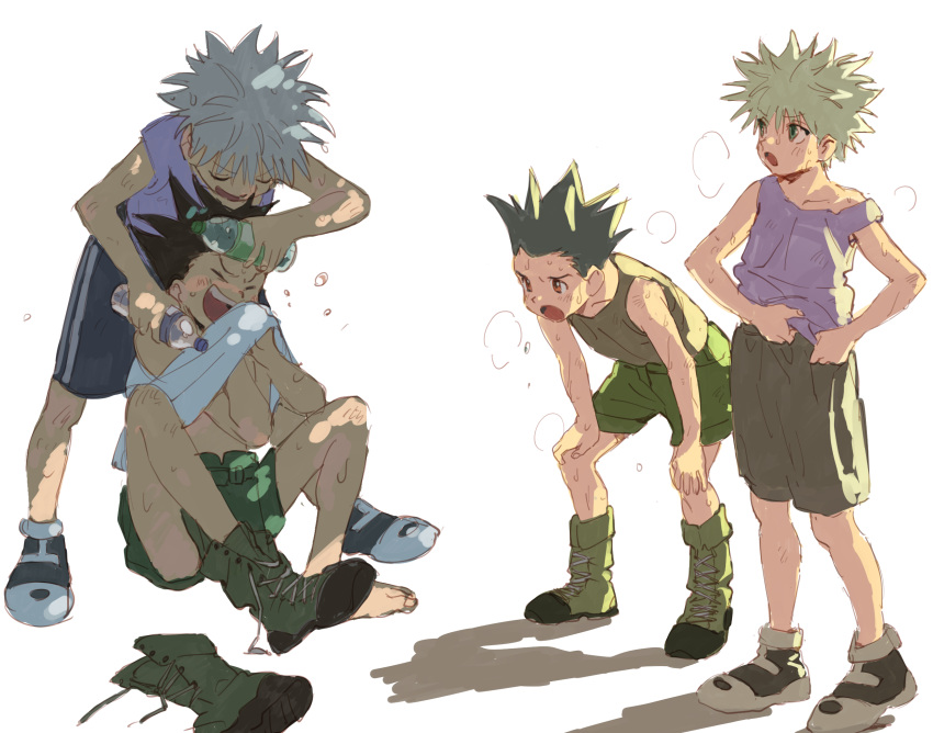 Safebooru - 2boys adjusting clothes backlighting behind another bent over black footwear blue ...