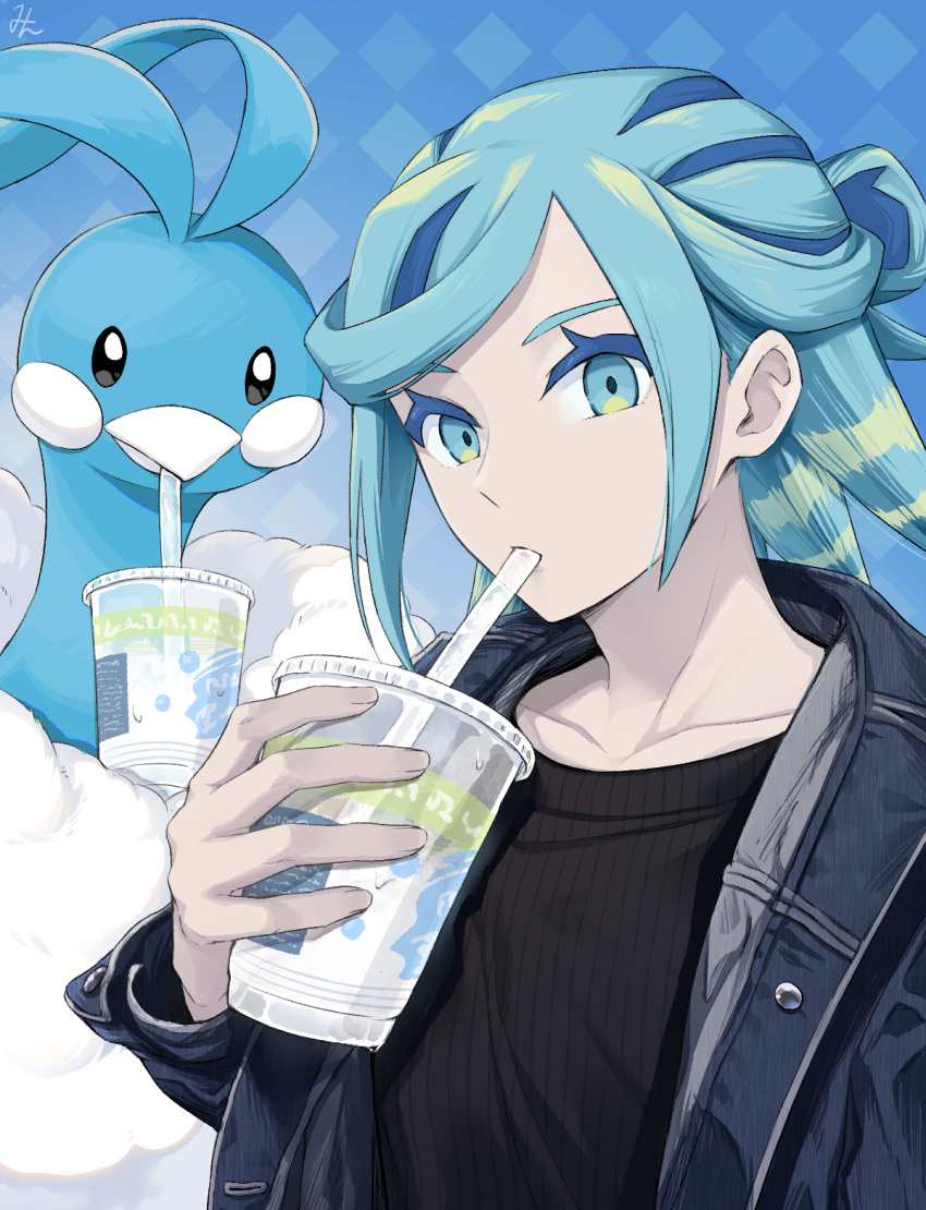 Safebooru - 1boy altaria alternate costume aqua eyes aqua hair black ...