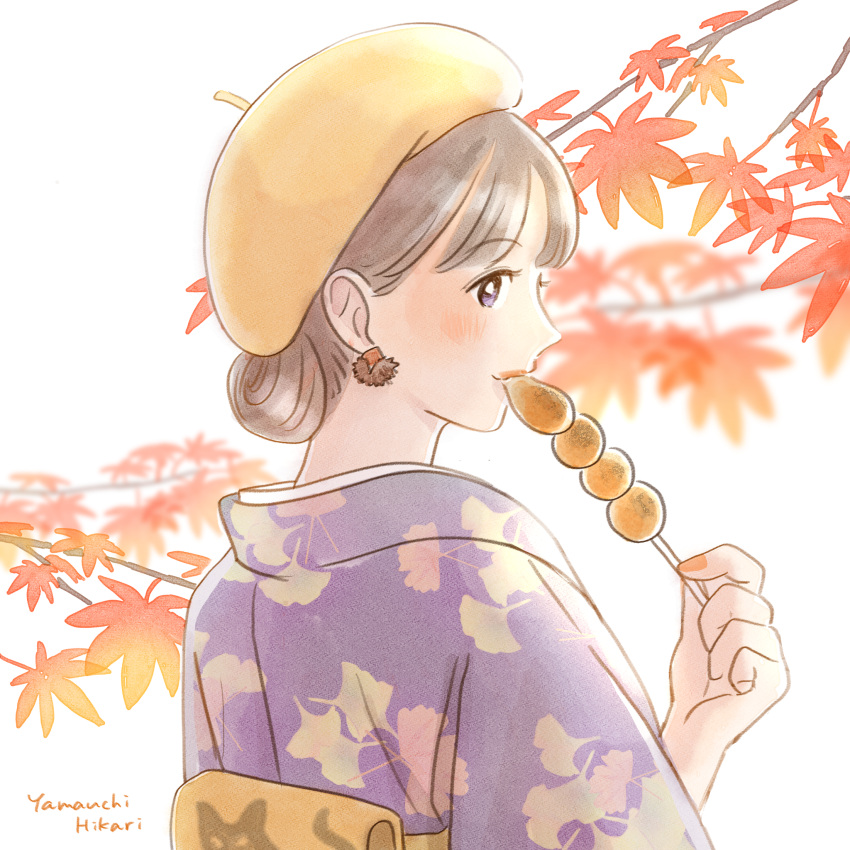 Safebooru - 1girl autumn beret blush brown hair dango earrings eating food hat highres holding ...