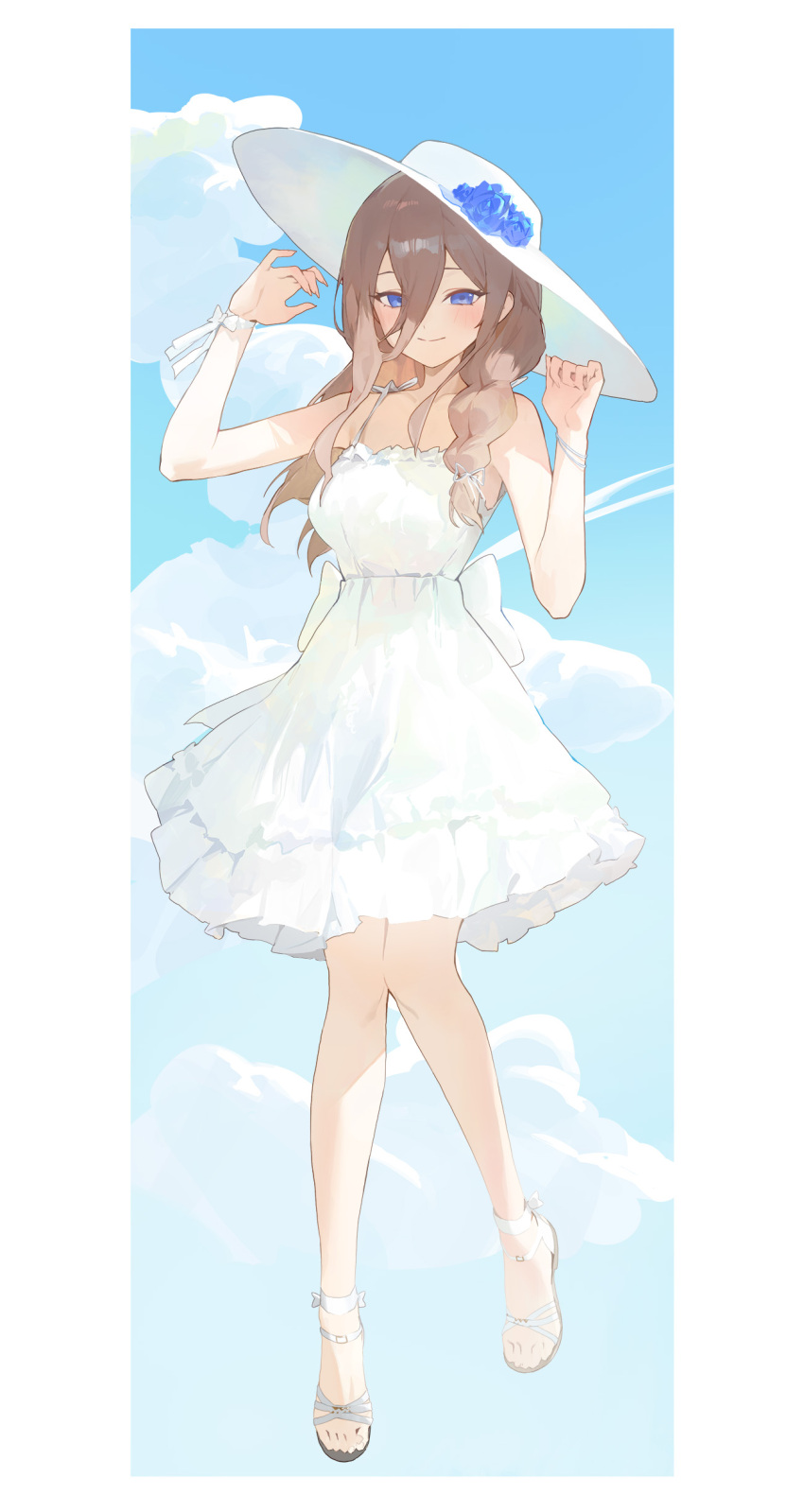 Safebooru - 1girl absurdres blue sky braid breasts brown hair closed mouth clouds cloudy sky ...