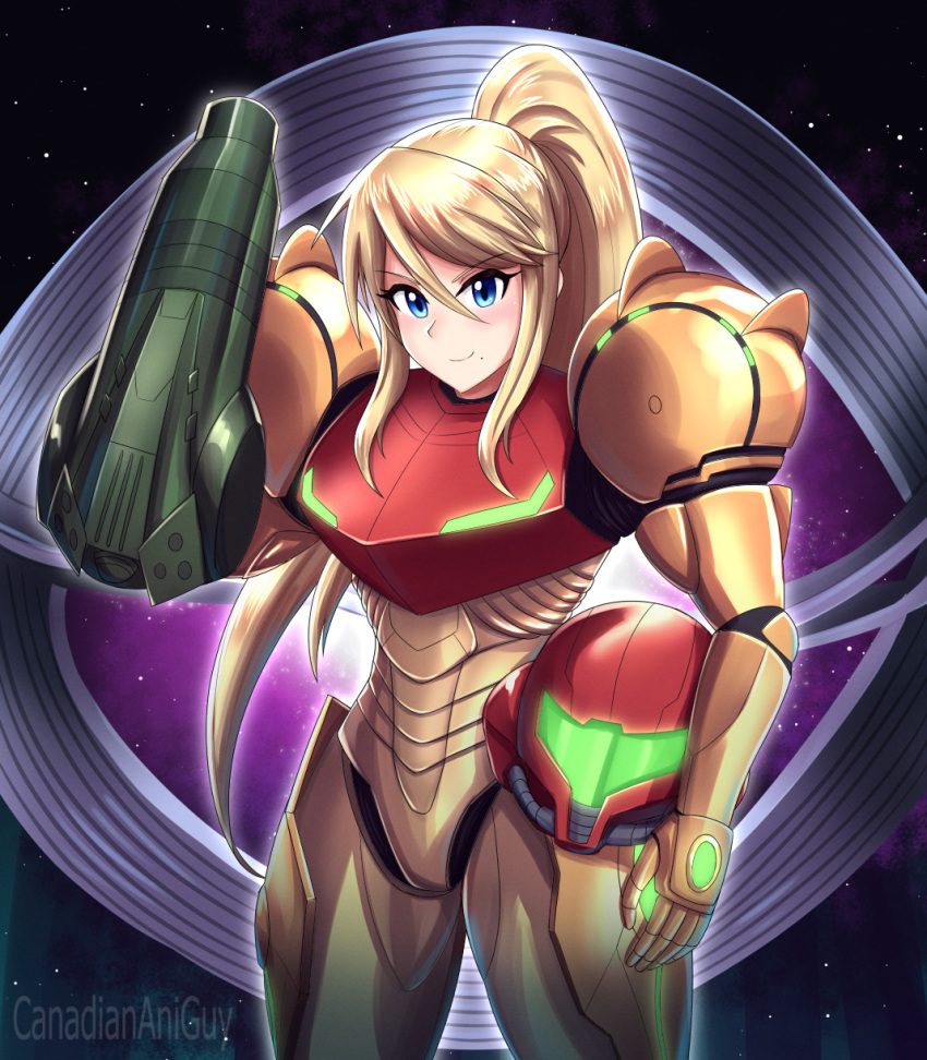 Safebooru - 1girl arm cannon armor blonde hair blue eyes canadiananiguy closed mouth cowboy shot ...