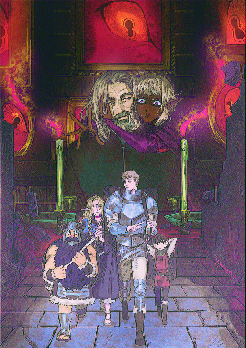 Safebooru - 1girl 5boys angry asturlavi beard candle comforting dark ...