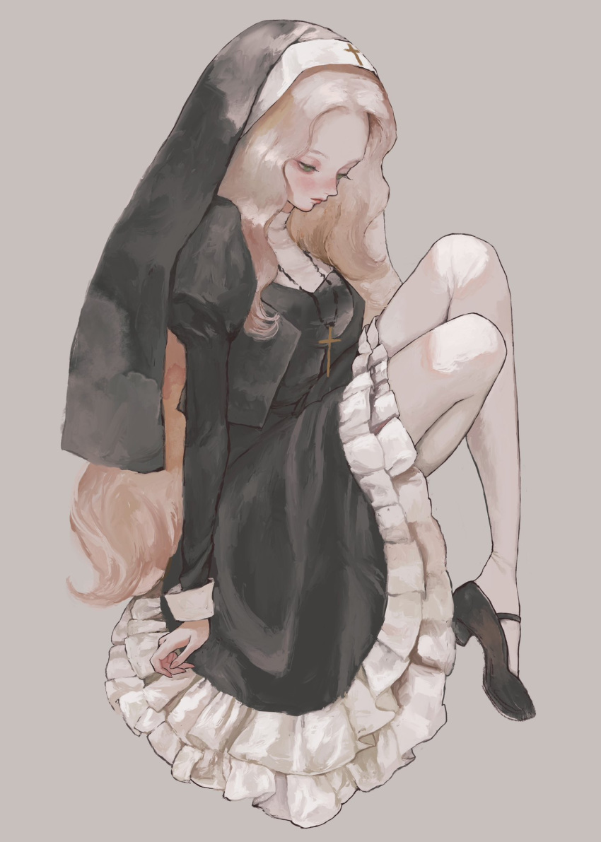 Safebooru - 12yun30 1girl black dress black footwear blonde hair blush coif cross cross necklace ...