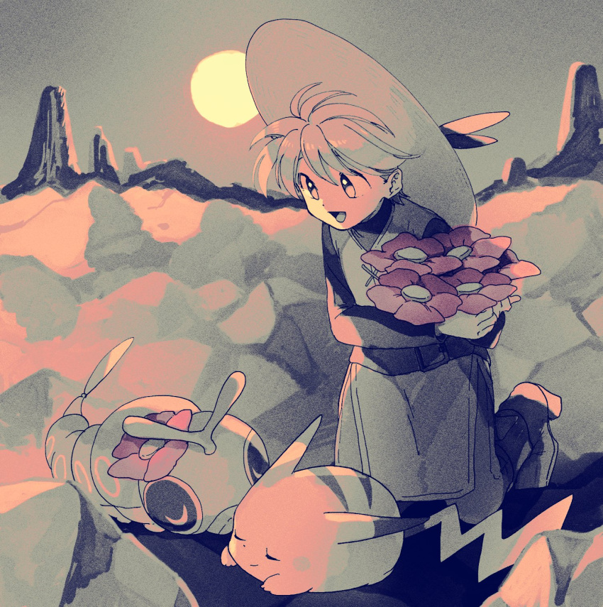Safebooru - 1girl :d animal ears caterpie closed eyes flower hat ...