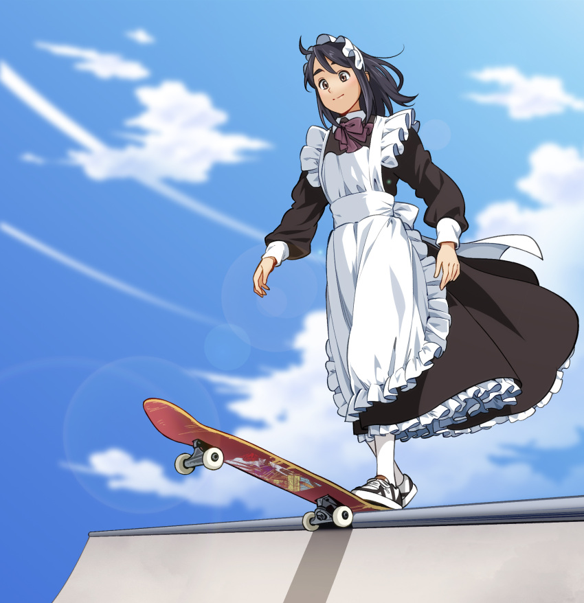 Safebooru - 1girl apron benihana (suzushiro333) black hair blue sky brown eyes clouds highres ...