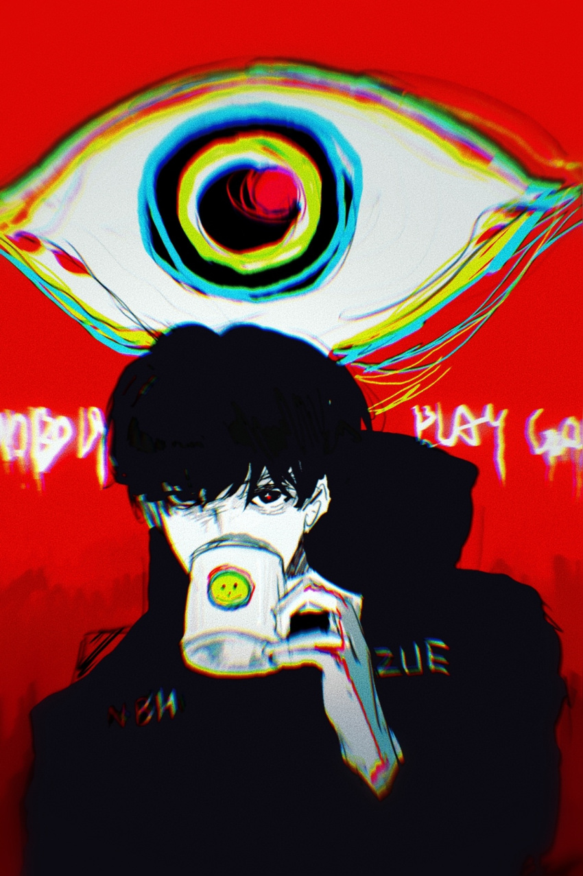 Safebooru - 1boy black eyes black hair black hoodie character request colorful commentary ...