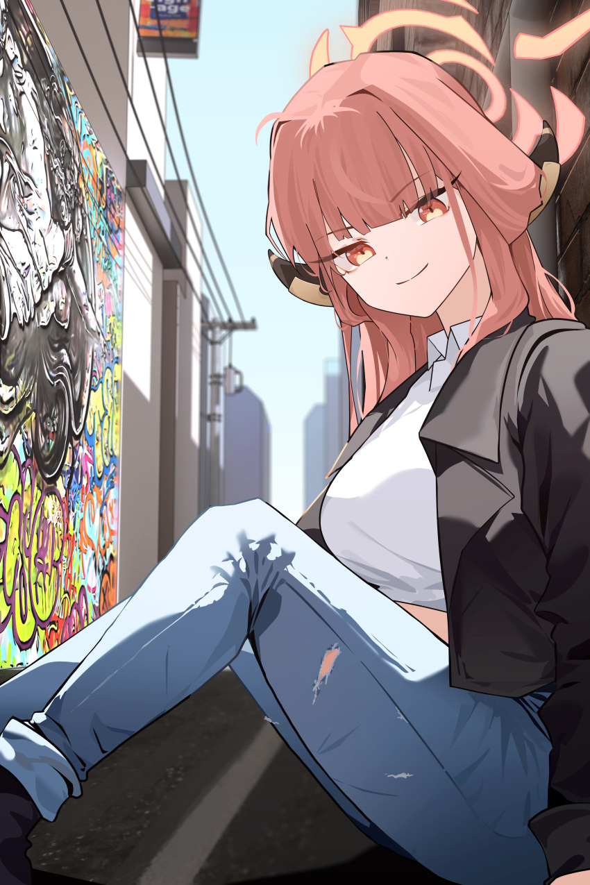 Safebooru - 1girl absurdres aru (blue archive) black footwear black jacket blue archive blue ...