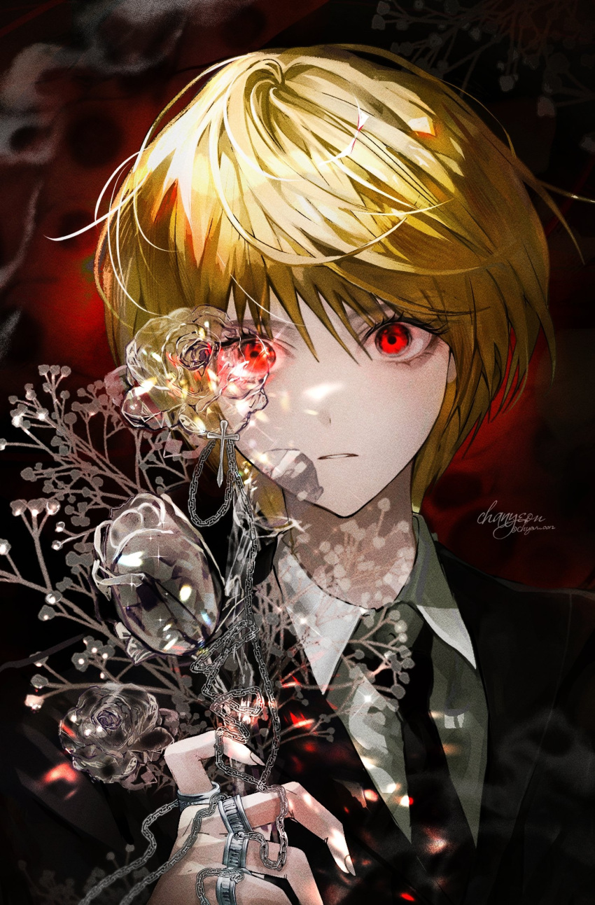 Safebooru - 1boy black necktie black suit blonde hair blurry blurry background chyan 0012 ...