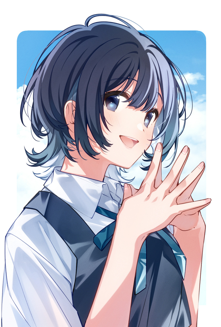 Safebooru - 1girl aqua bow aqua bowtie aqua ribbon black hair black vest blue eyes bow bowtie ...