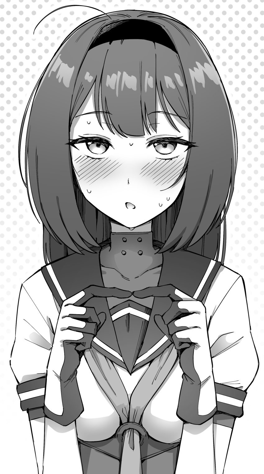 Safebooru - 1girl absurdres ahoge akizuki (kancolle) blush breasts gloves greyscale headband ...