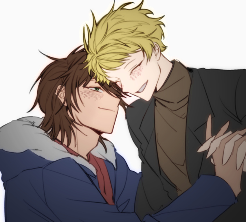 Safebooru - 2boys atou haruki black jacket blonde hair blue jacket brown hair brown sweater ...