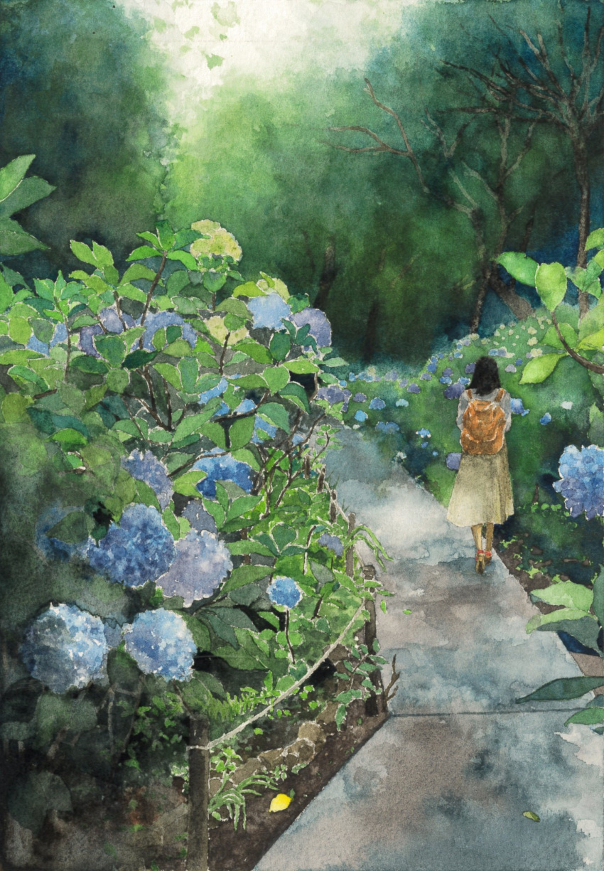 Safebooru - 1girl backpack bag black hair blue flower day fence post ...