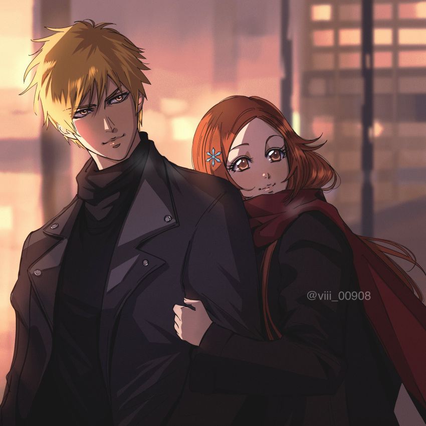 Safebooru - 1boy 1girl black coat black sweater bleach blonde hair blurry blurry background ...