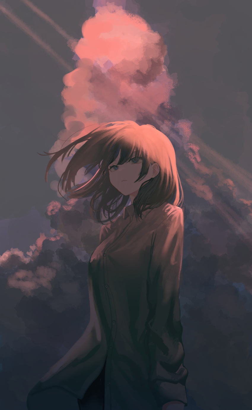 Safebooru 1girl Absurdres Clouds Collared Shirt Commentary Contrail 9472