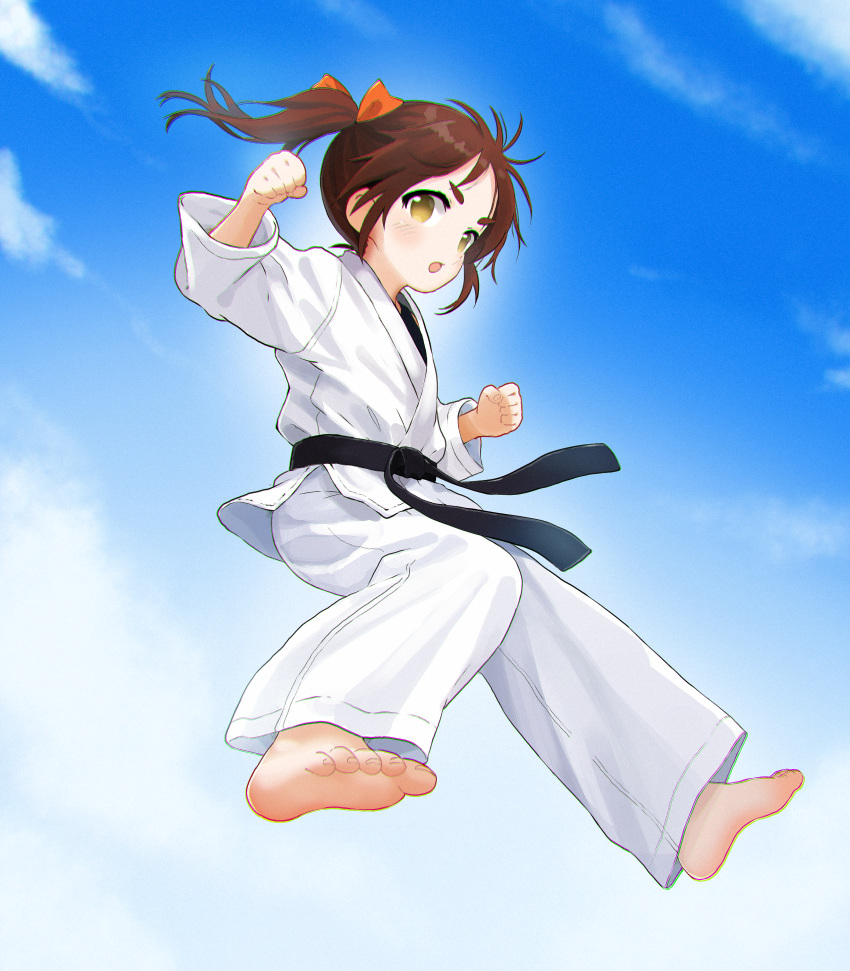 Safebooru - 1girl absurdres barefoot belt black belt blue sky brown hair chinese commentary ...