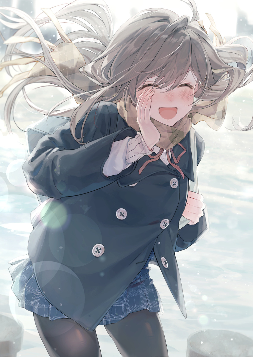 Safebooru - 1girl ^ ^ bag black coat black pantyhose blue skirt blush brown hair brown scarf ...
